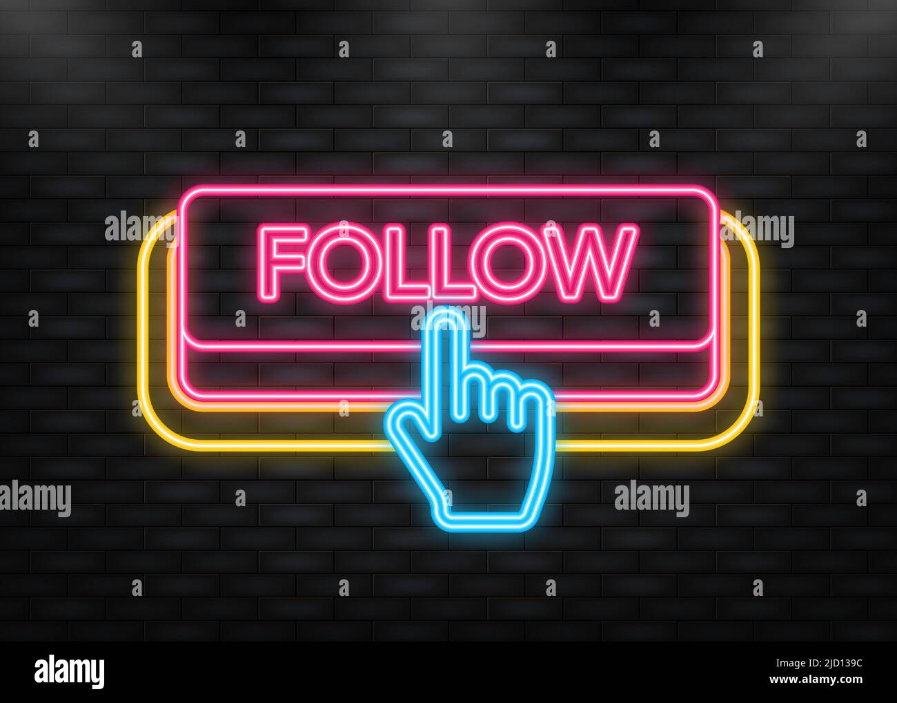 Neon Icon. Follow blue 3D button with hand mouse on white background ...