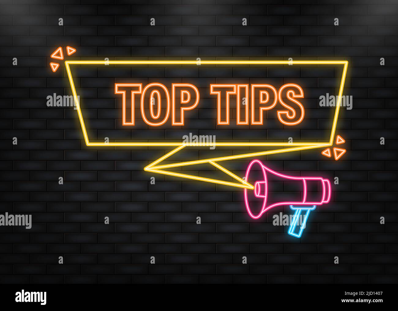 Neon Icon. Top tips megaphone yellow banner in 3D style on white ...