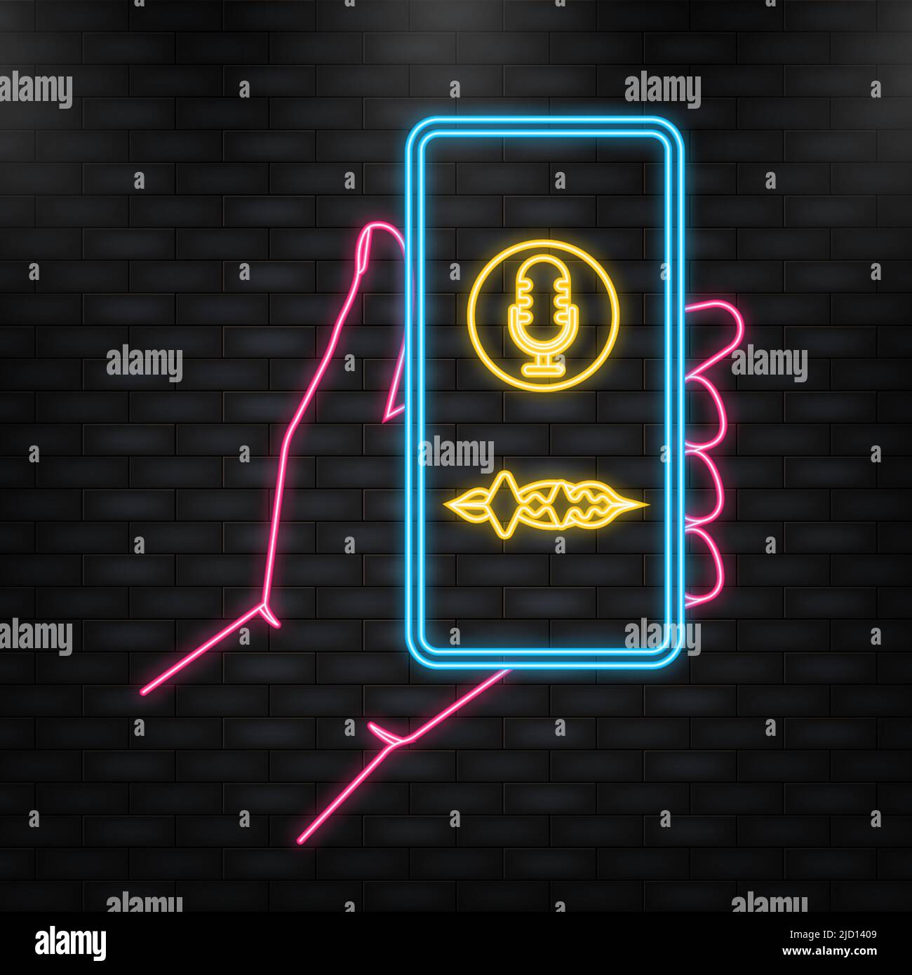 Neon Icon. Hand holds phone with record podcast on screen on yellow ...