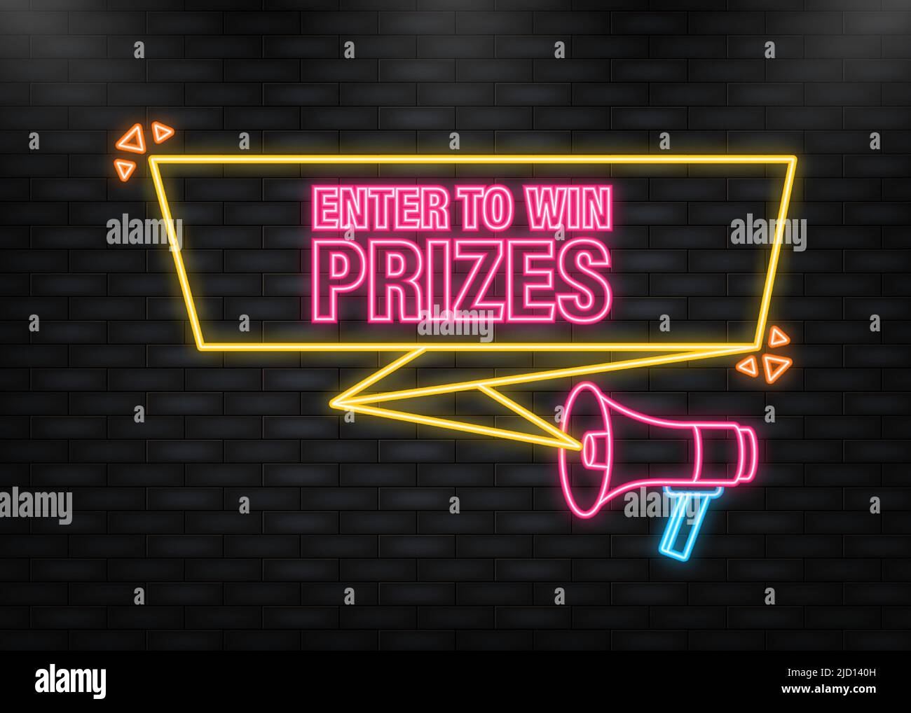 Neon Icon. Enter to win prizes megaphone yellow banner in 3D style on ...