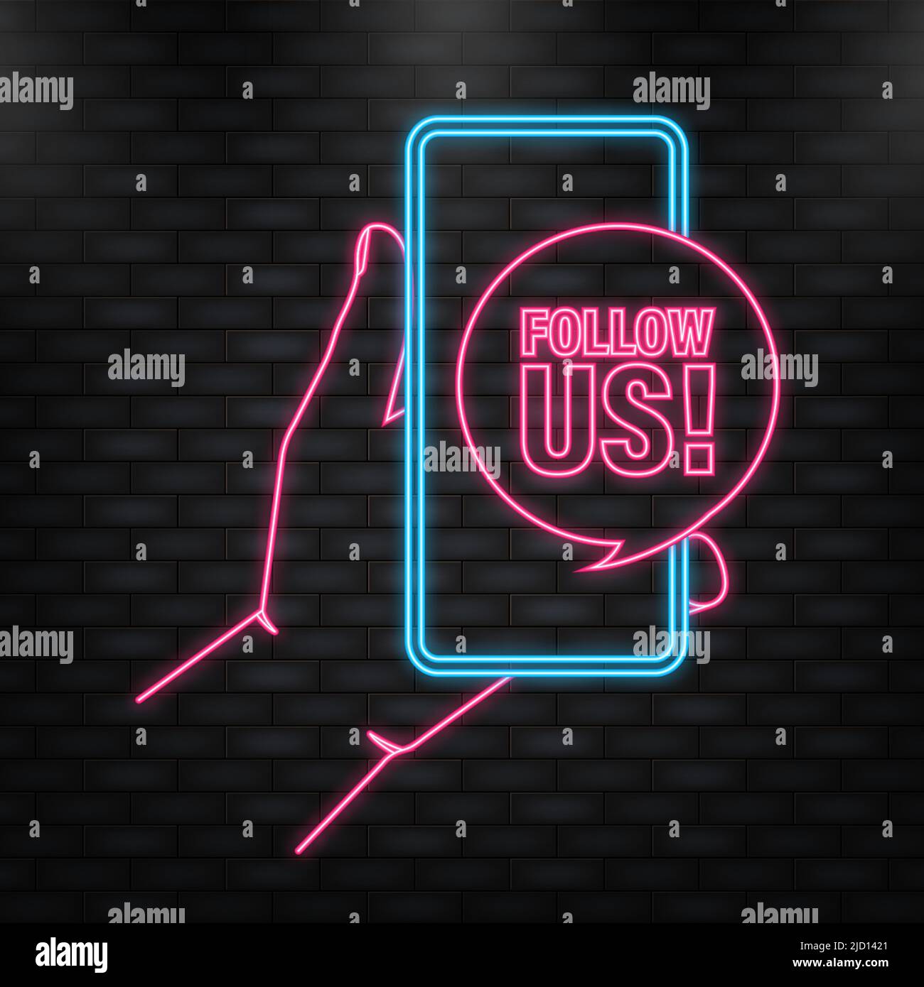 Neon Icon. Follow us smartphone banner in neon style on white ...