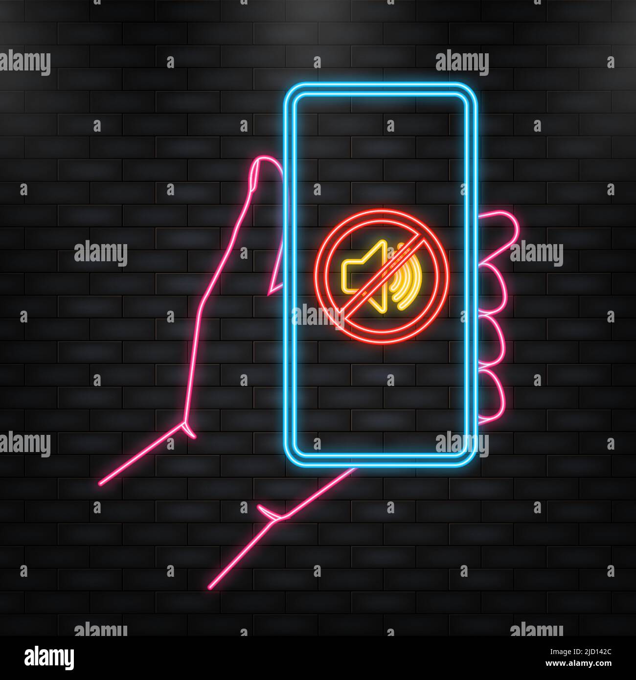 Neon Icon. Hand holds phone with no sound sign on screen on darck ...