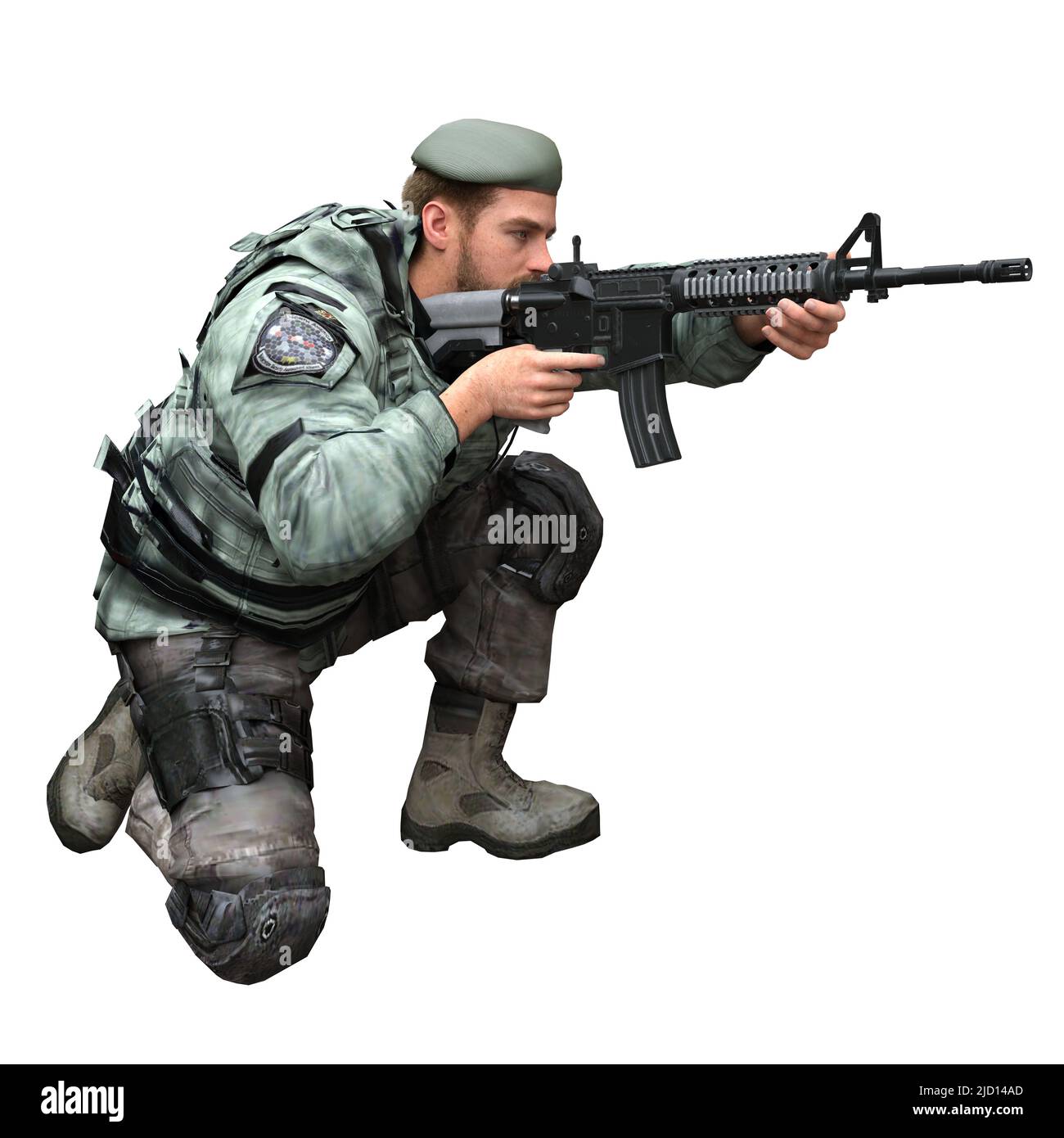 3D illustration soldier with a machine gun isolated white background ...