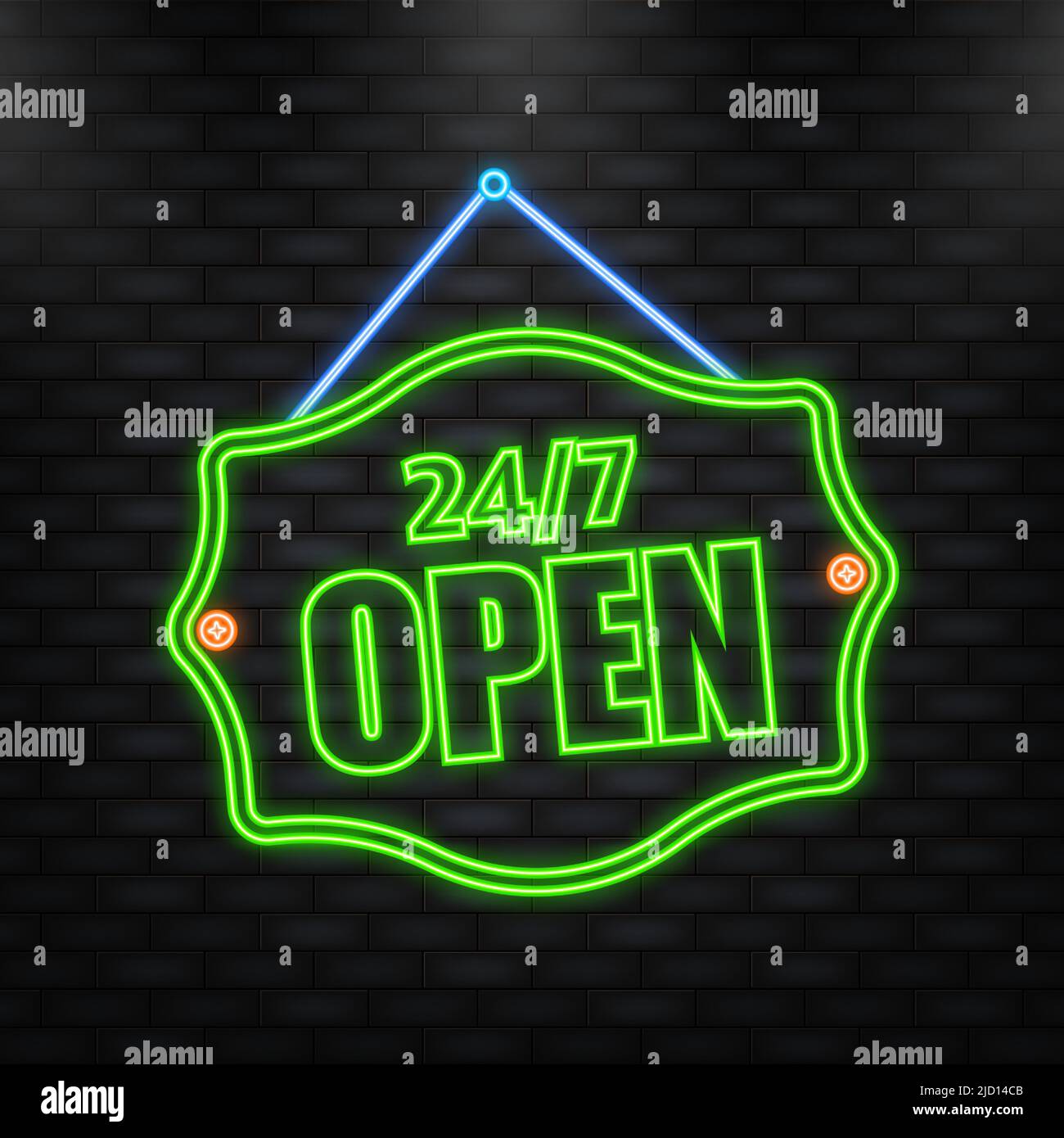 Neon Icon. 24 7 open on businnes banner on doors. Vector illustration ...