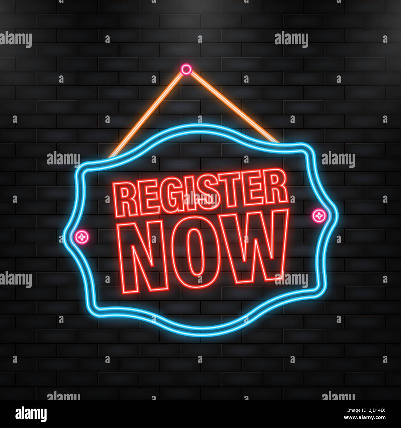 Neon Icon. Blue register now label in modern style on white background ...
