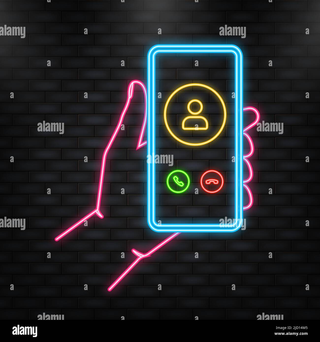 Neon Icon. Hand holds phone with call Incoming video call on screen on ...