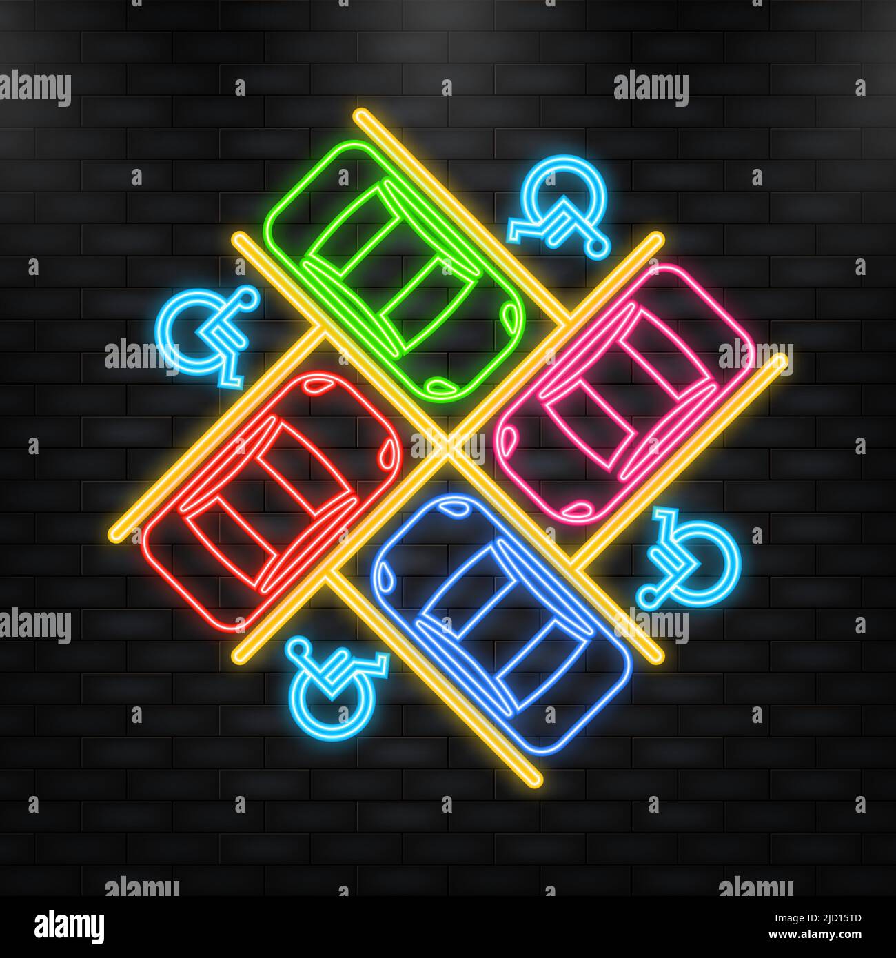 Neon Icon. Parking lot design with wheel chair sign parking spot. Many ...