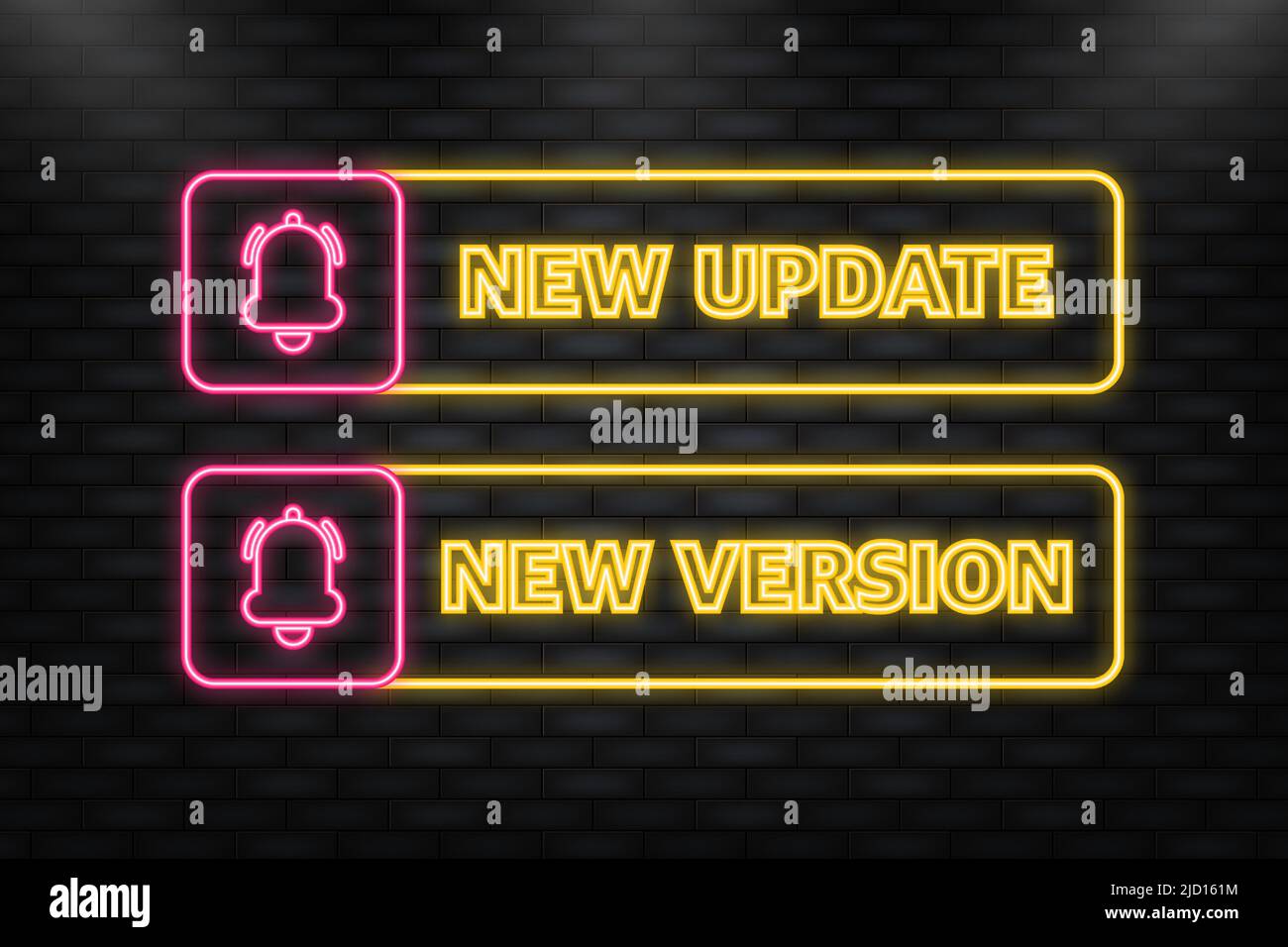 Neon Icon. New update red label on white background. Red banner. Bell ...