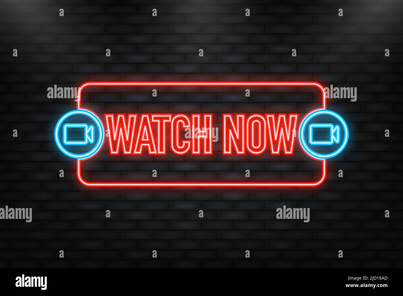Neon Icon. Watch now banner in flat style on white background. Play ...