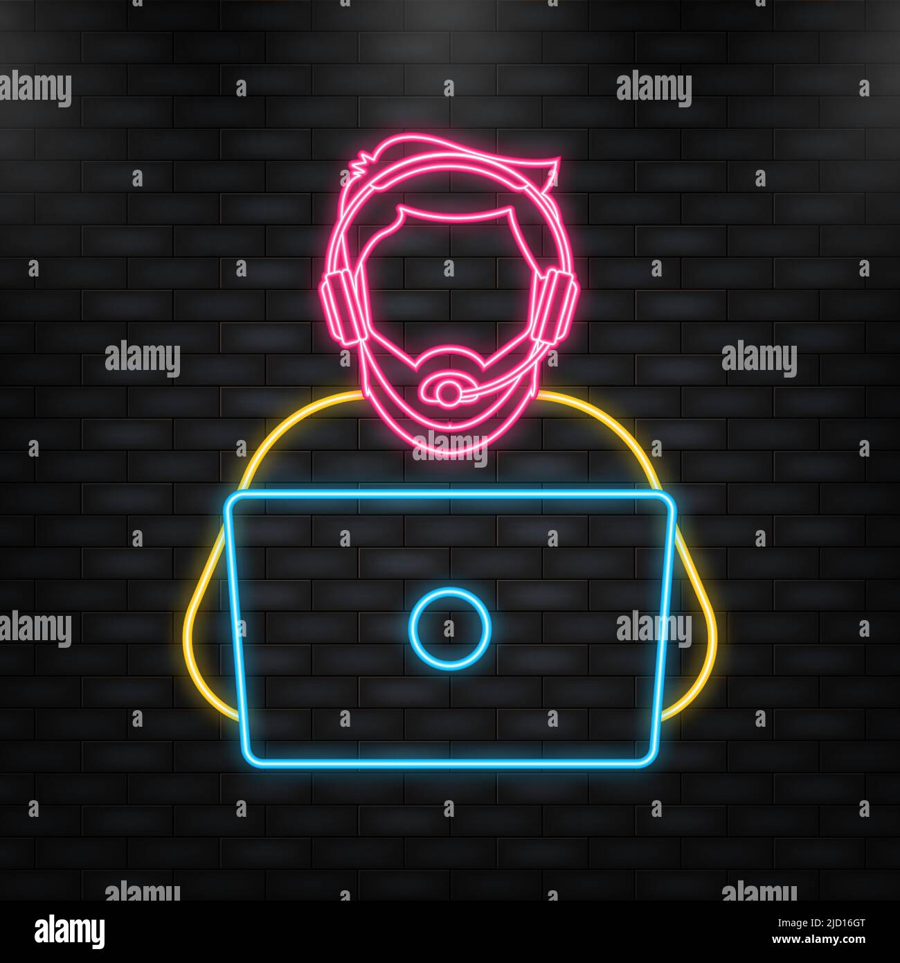 Customer help. Tech support. Neon icon. Cartoon vector illustration ...
