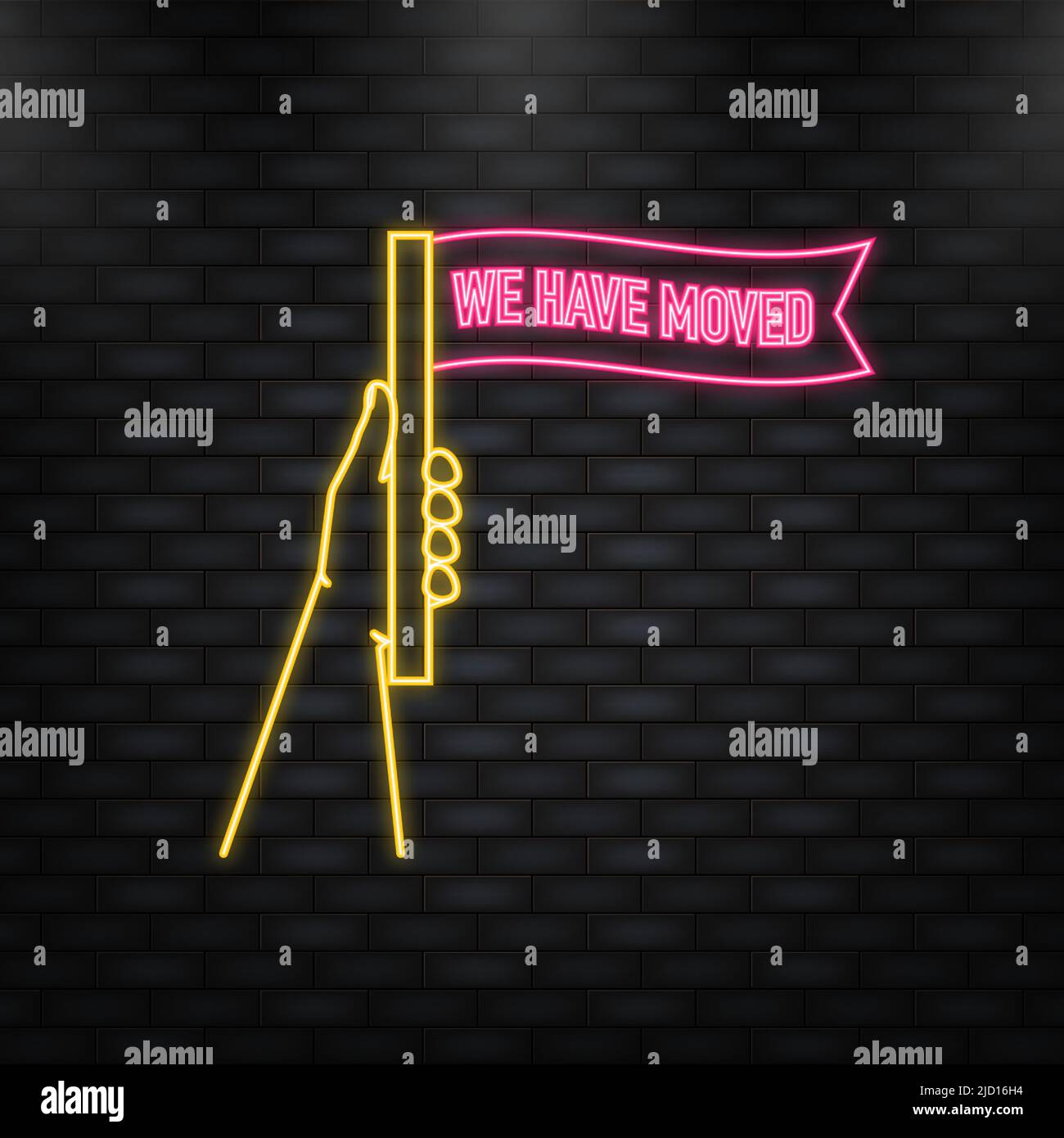 Hand with placard we have moved thin line bubble. concept of locator ...