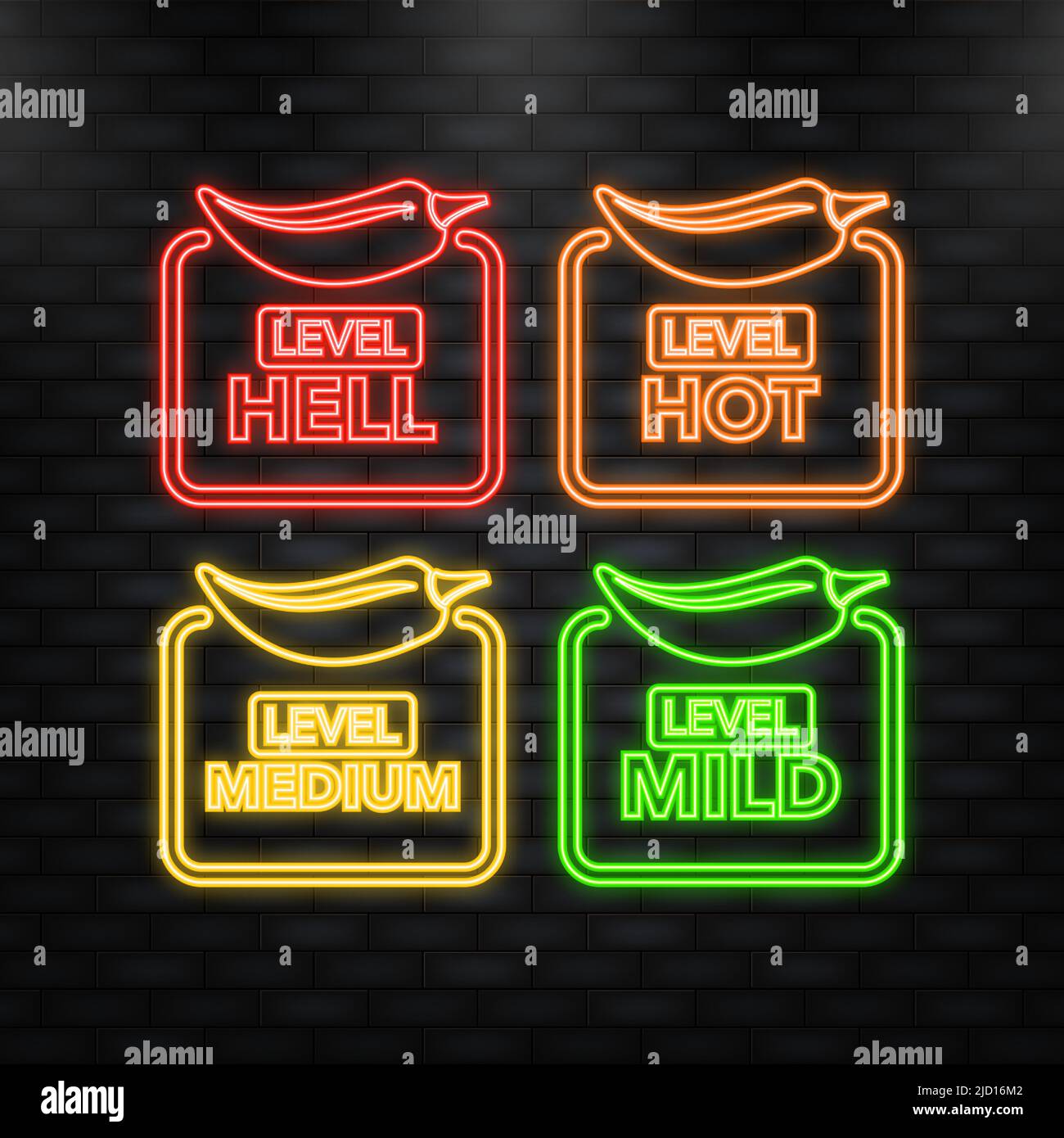 Neon Icon. Hot pepper strength scale indicator with mild, medium, hot ...