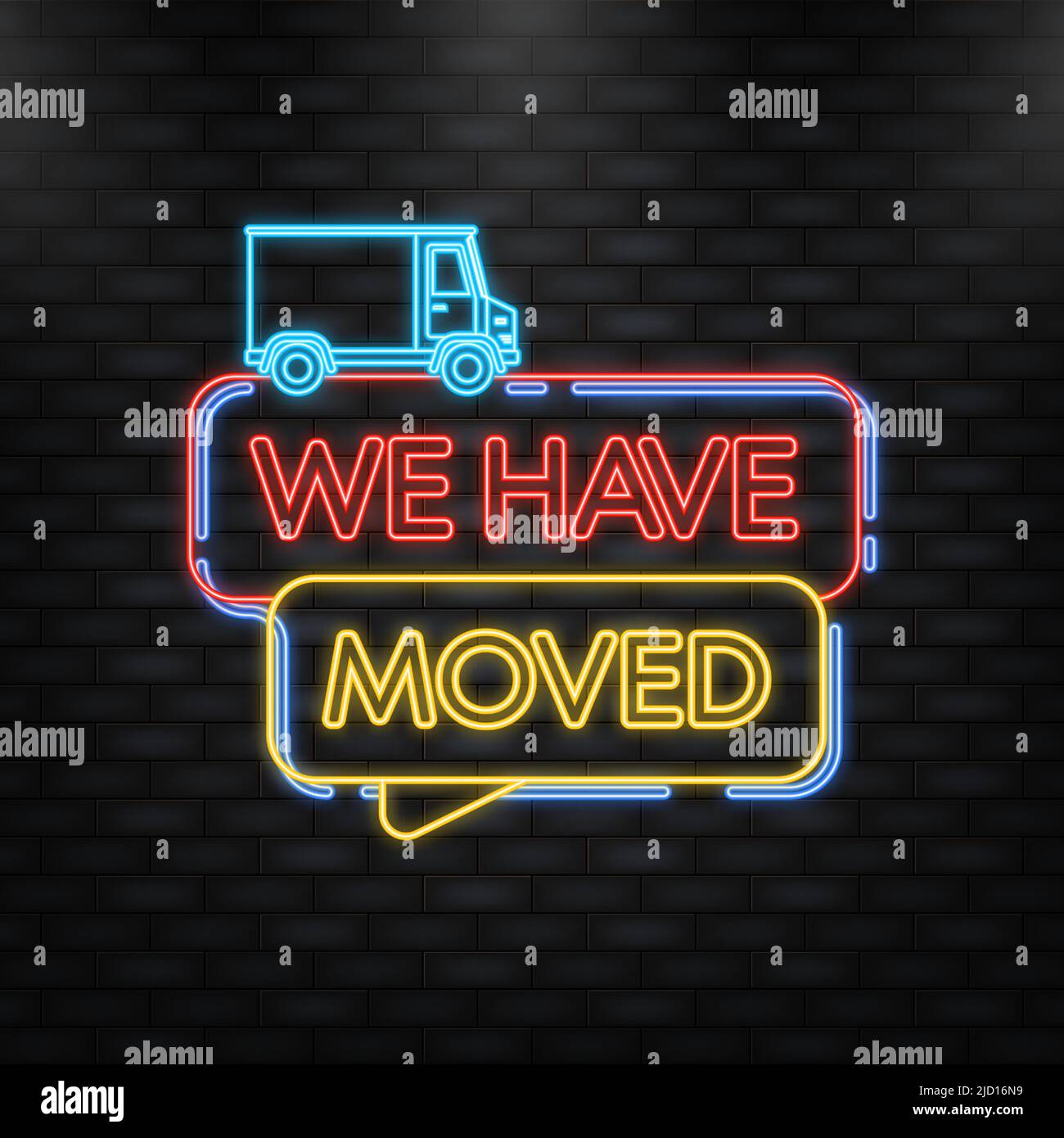 We have moved. Neon icon. Flat badge vector illustration on white ...