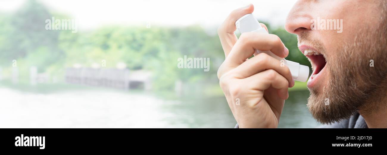 Close-up Of Beard Man Using Asthma Inhaler For Being Healthy Stock ...