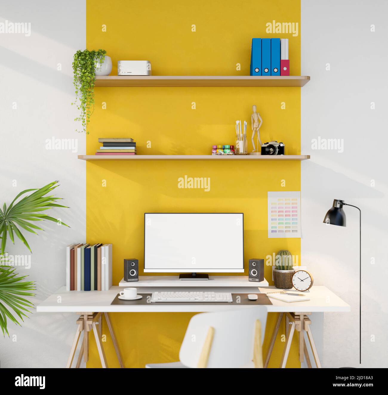 Modern stylish workplace computer desk interior design with desktop ...