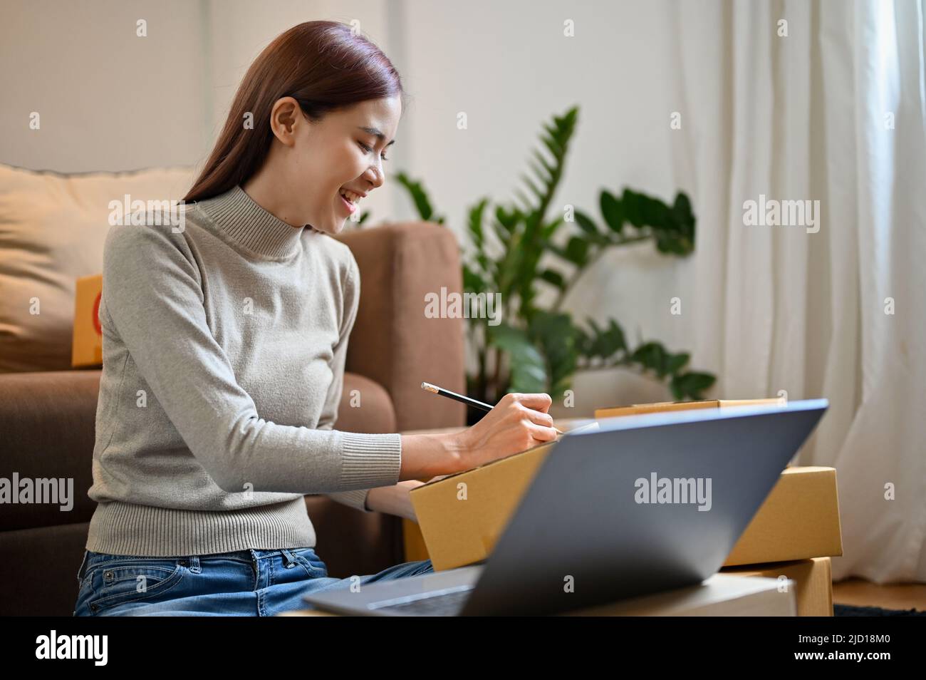 Successful millennial Asian female online shop owner preparing her ...