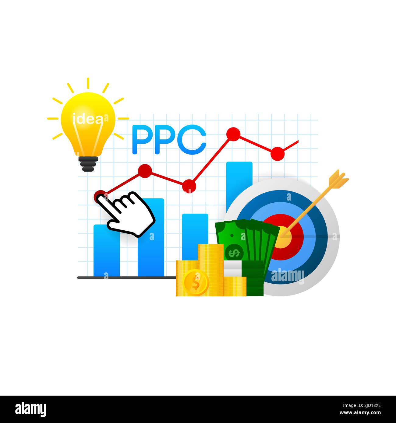 Cartoon illustration on blue backdrop. Abstract ppc for marketing ...