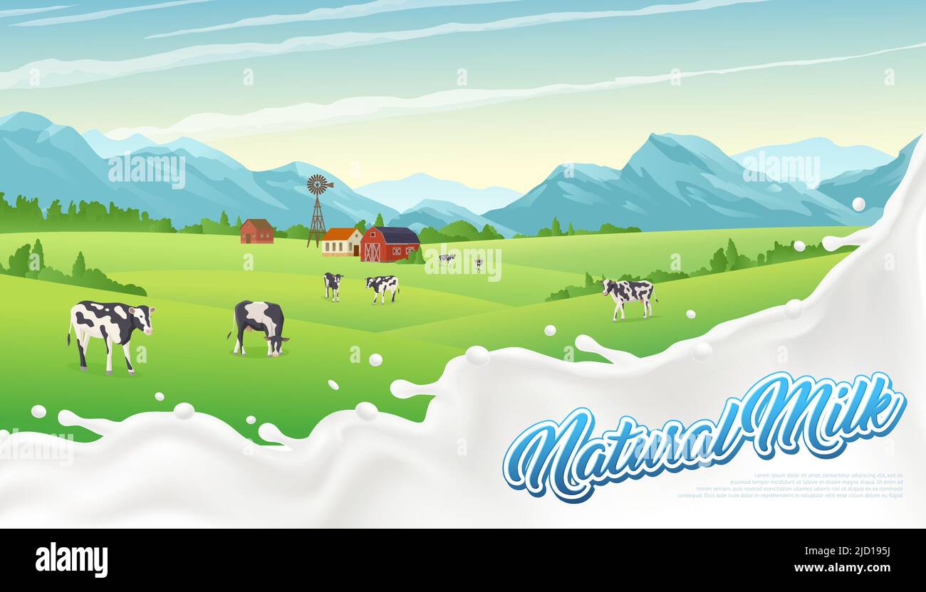 Rural landscape splash milk poster with liquid milky drops editable ...