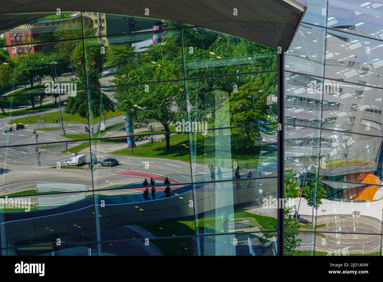Reflections of the surroundings and the Trias Bridge in the glass ...