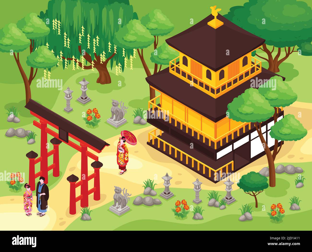 Isometric japan travel composition with outdoor landscape and buildings ...