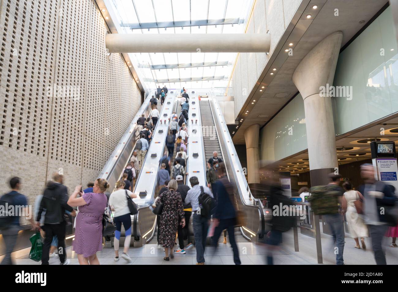 Escalators at newly opened Elizabeth Line station, Crossrail purple ...