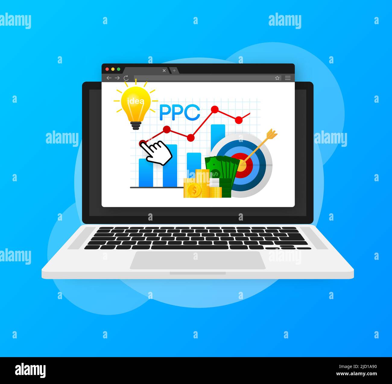Cartoon illustration on blue backdrop. Abstract ppc for marketing ...