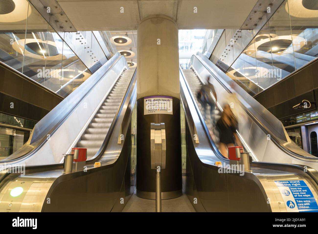 Escalators at Elizabeth line station London underground England UK ...