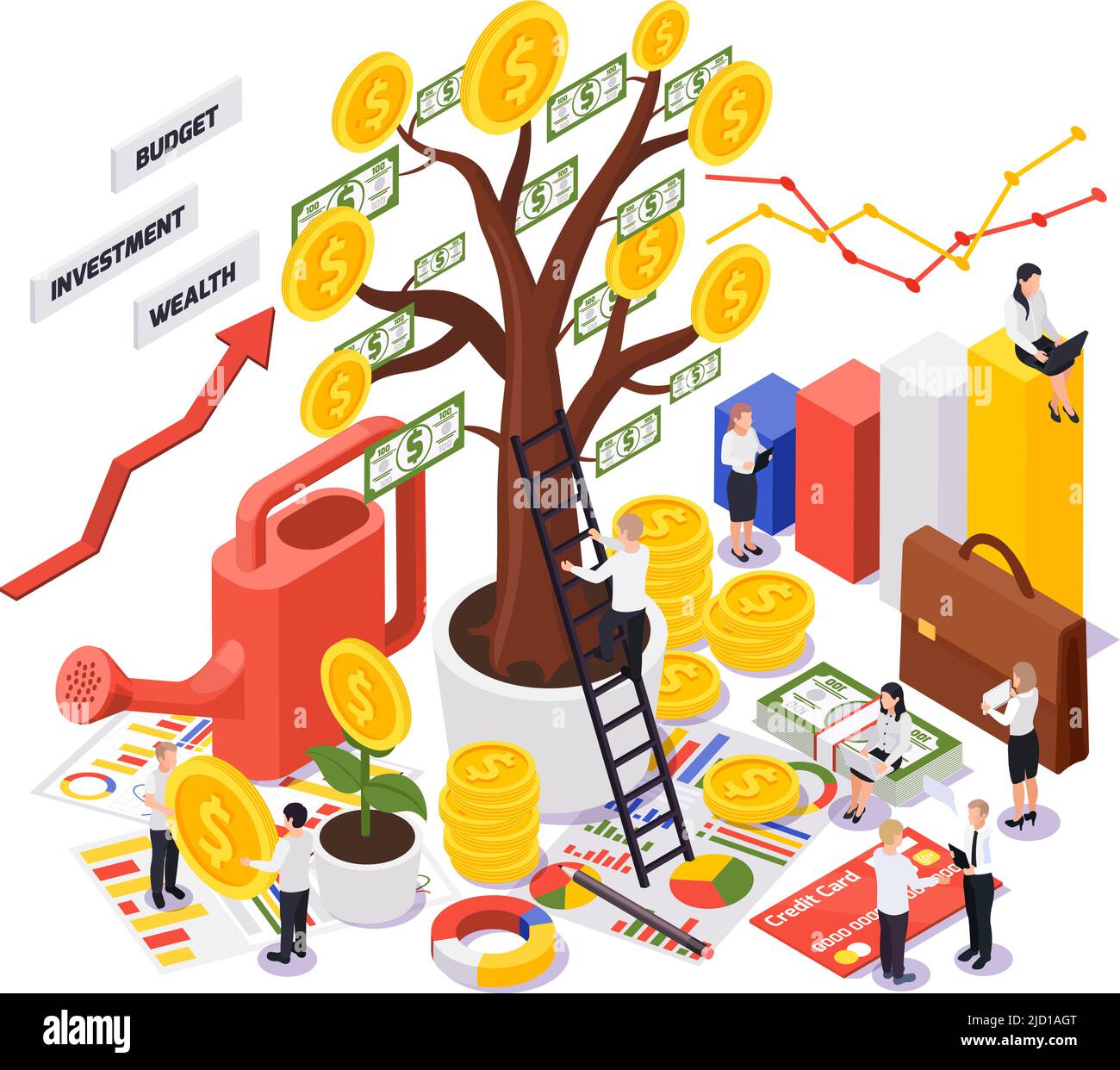 Colored wealth management isometric concept with abstract situation and ...