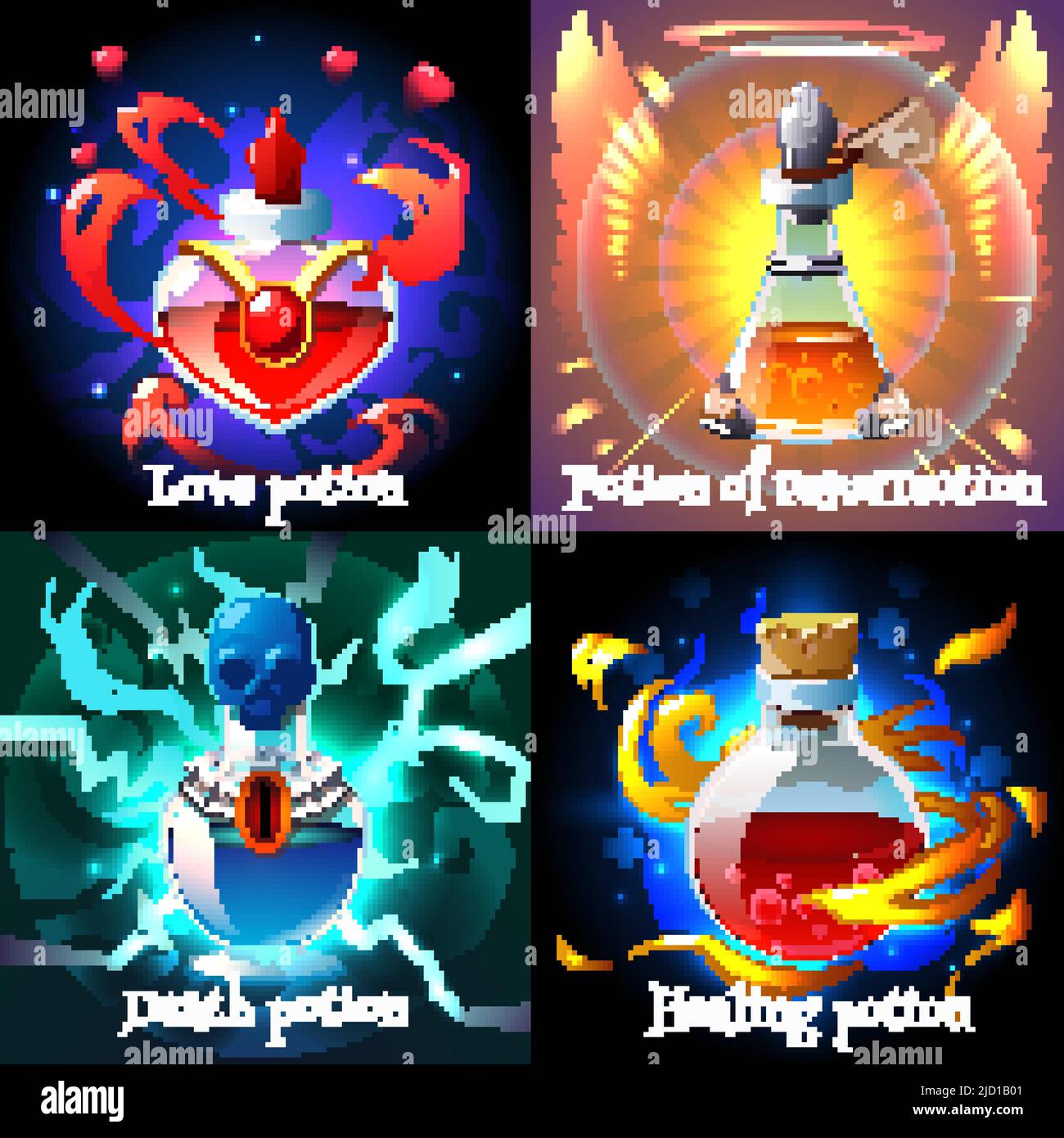 Magic love resurrection healing and death potions in glass flasks ...