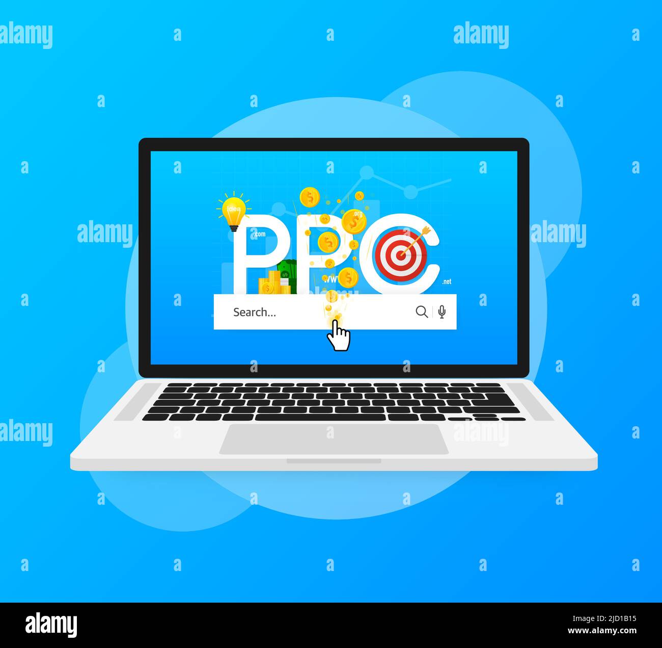 Cartoon illustration on blue backdrop. Abstract ppc for marketing ...