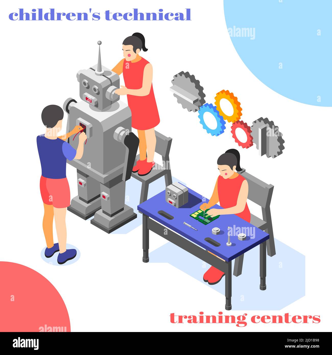 Children technical training center isometric composition with humanoid ...