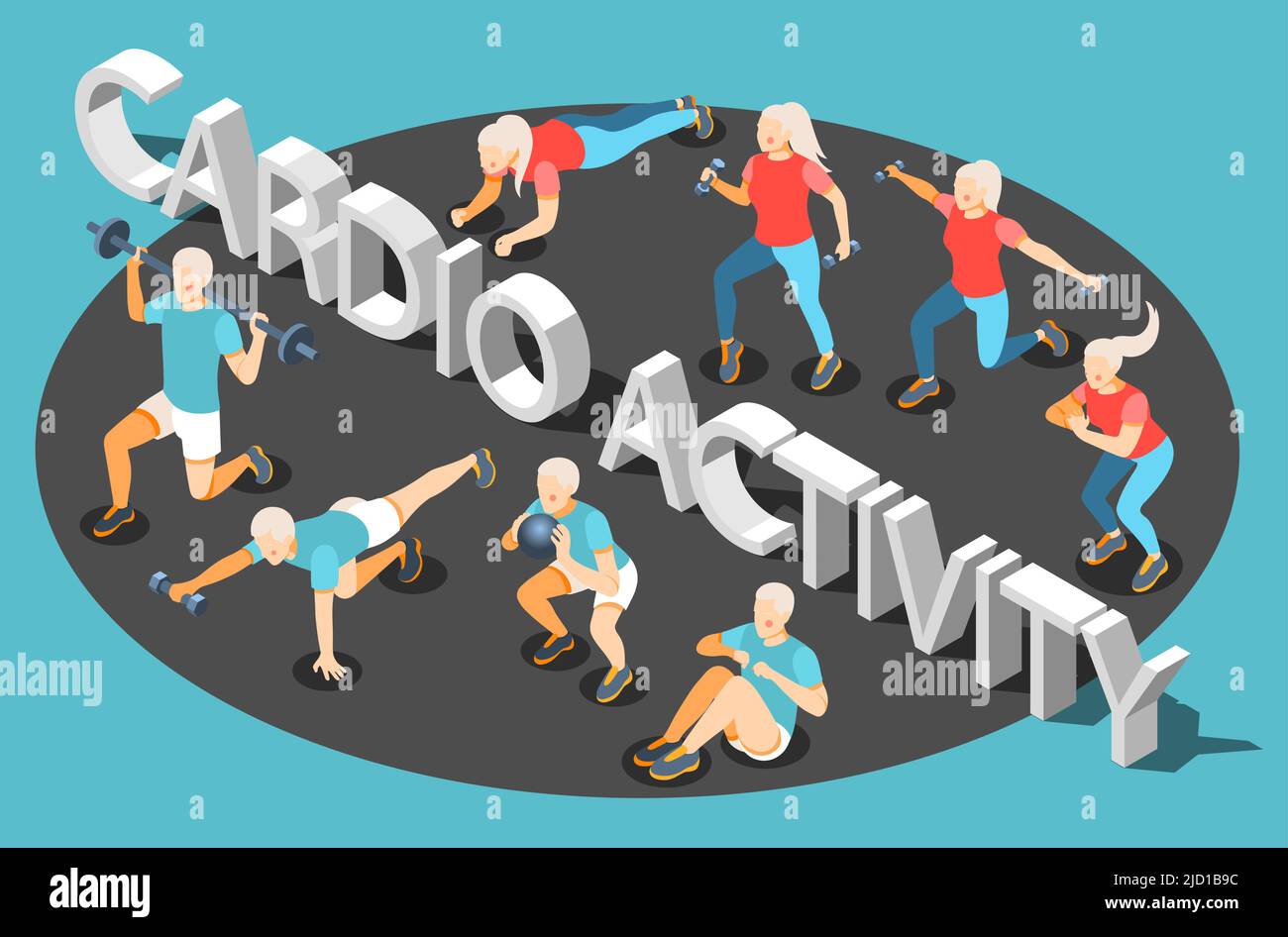 Cardio activity isometric round background composition with barbell ...