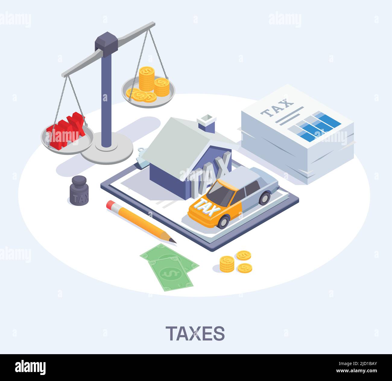 Taxes accounting isometric composition with text round spot and images ...