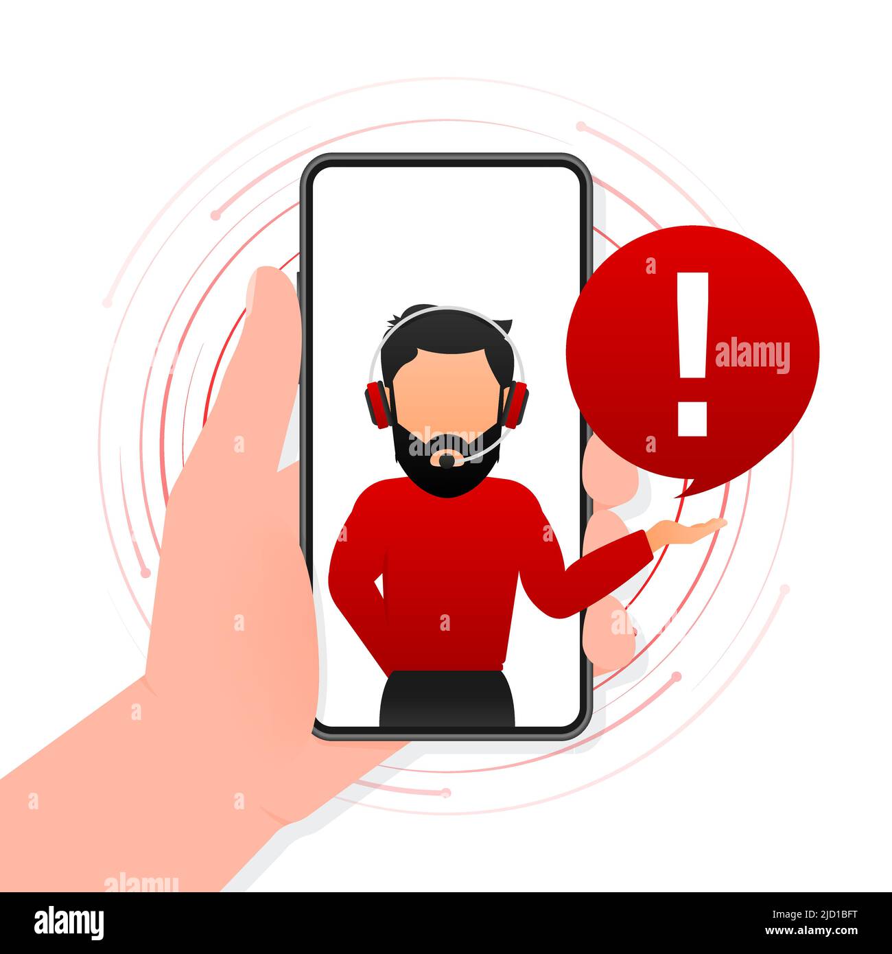 Smartphone with danger sign with man on screen on red background ...