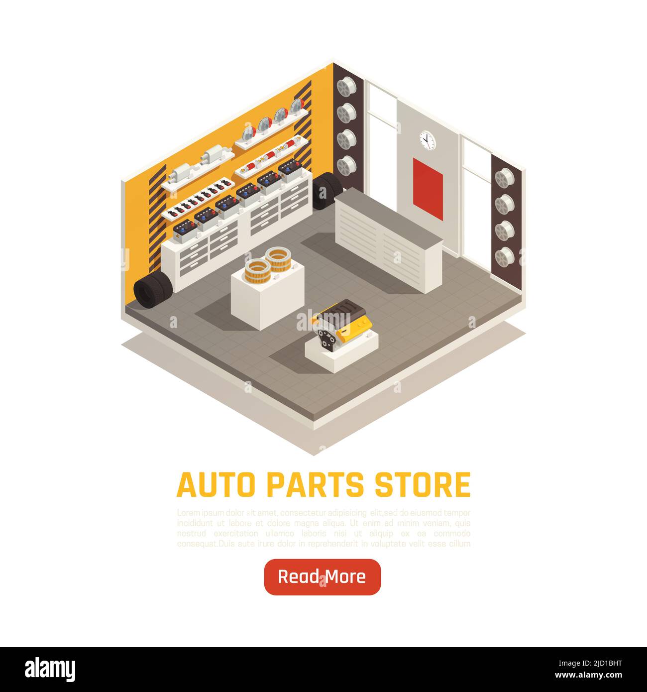 Auto parts store interior isometric composition with car rims brake ...