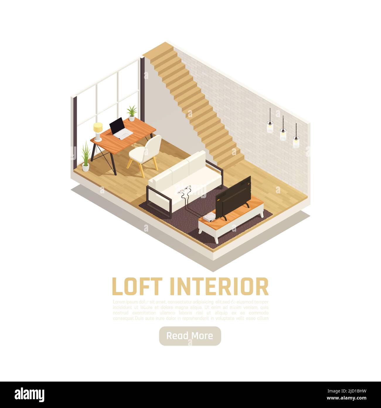 Modern loft study interior isometric design with window glass wall ...