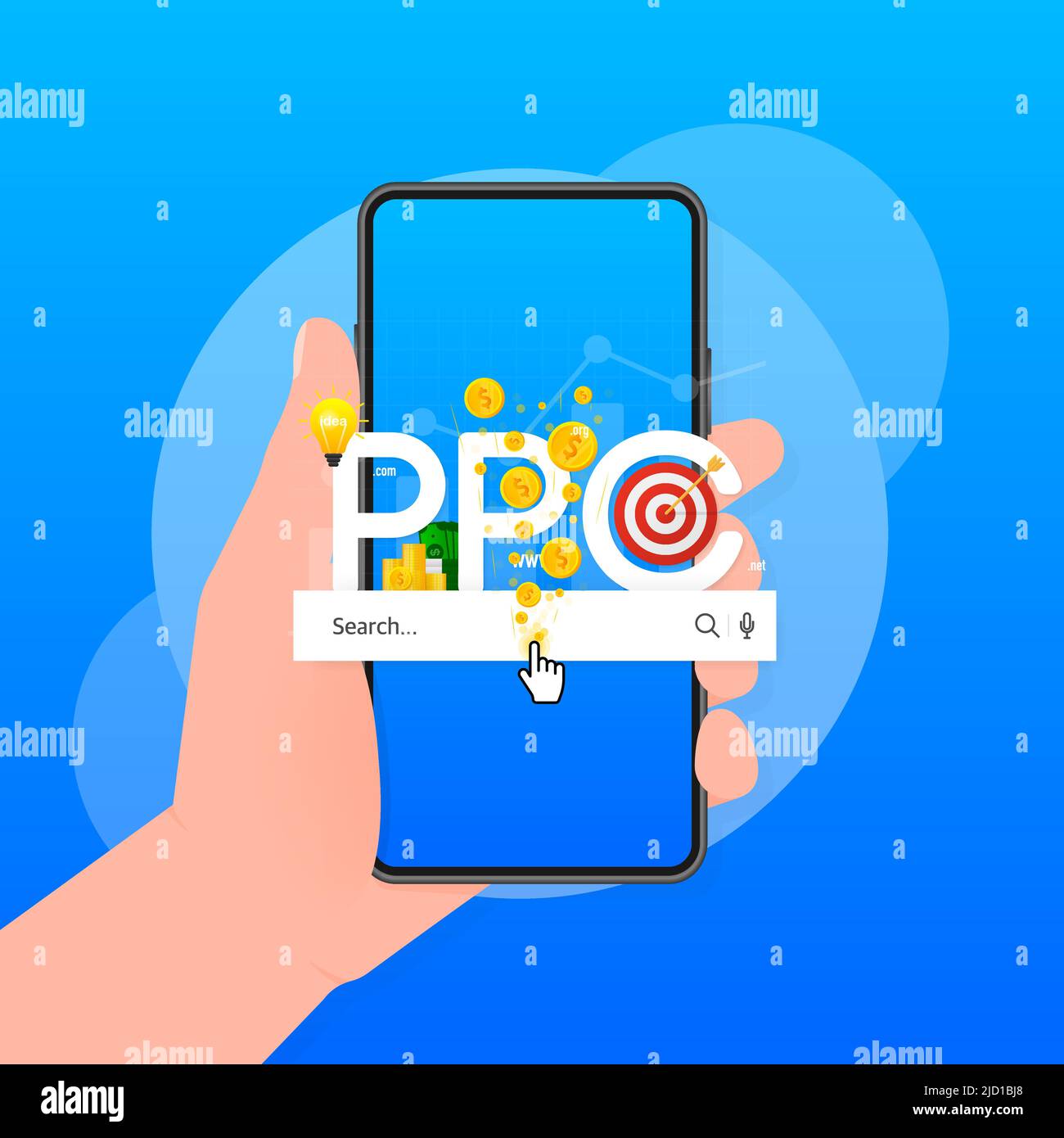 Cartoon illustration on blue backdrop. Abstract ppc for marketing ...