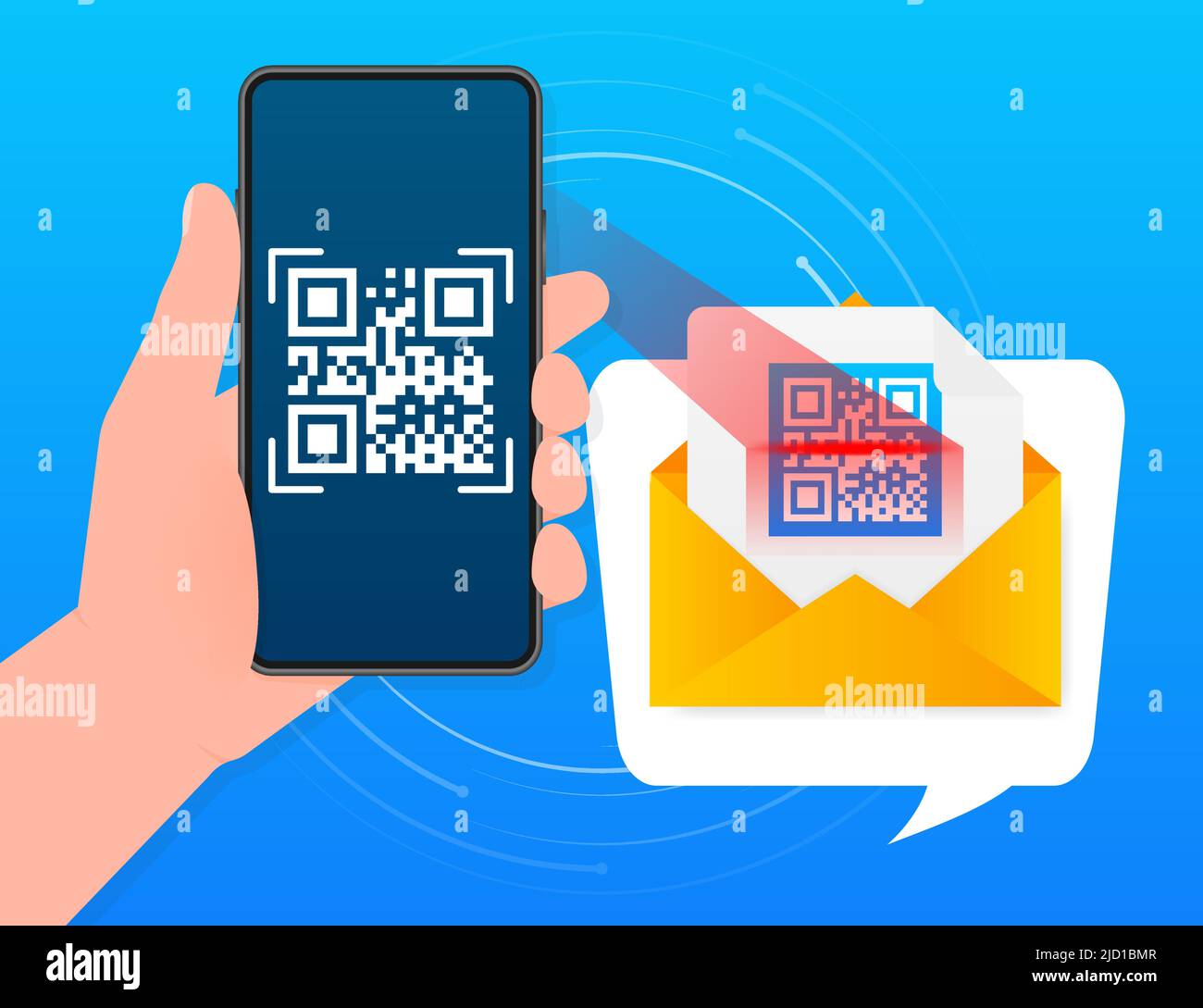 Hand holds phone with scan qr code to pay on screen. Phone on blue ...