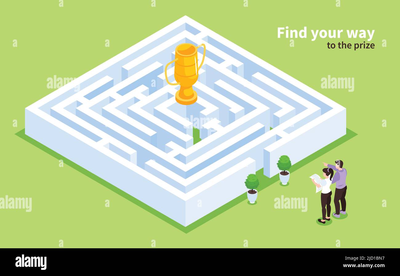 Labyrinth game isometric composition with finding way to prize in ...