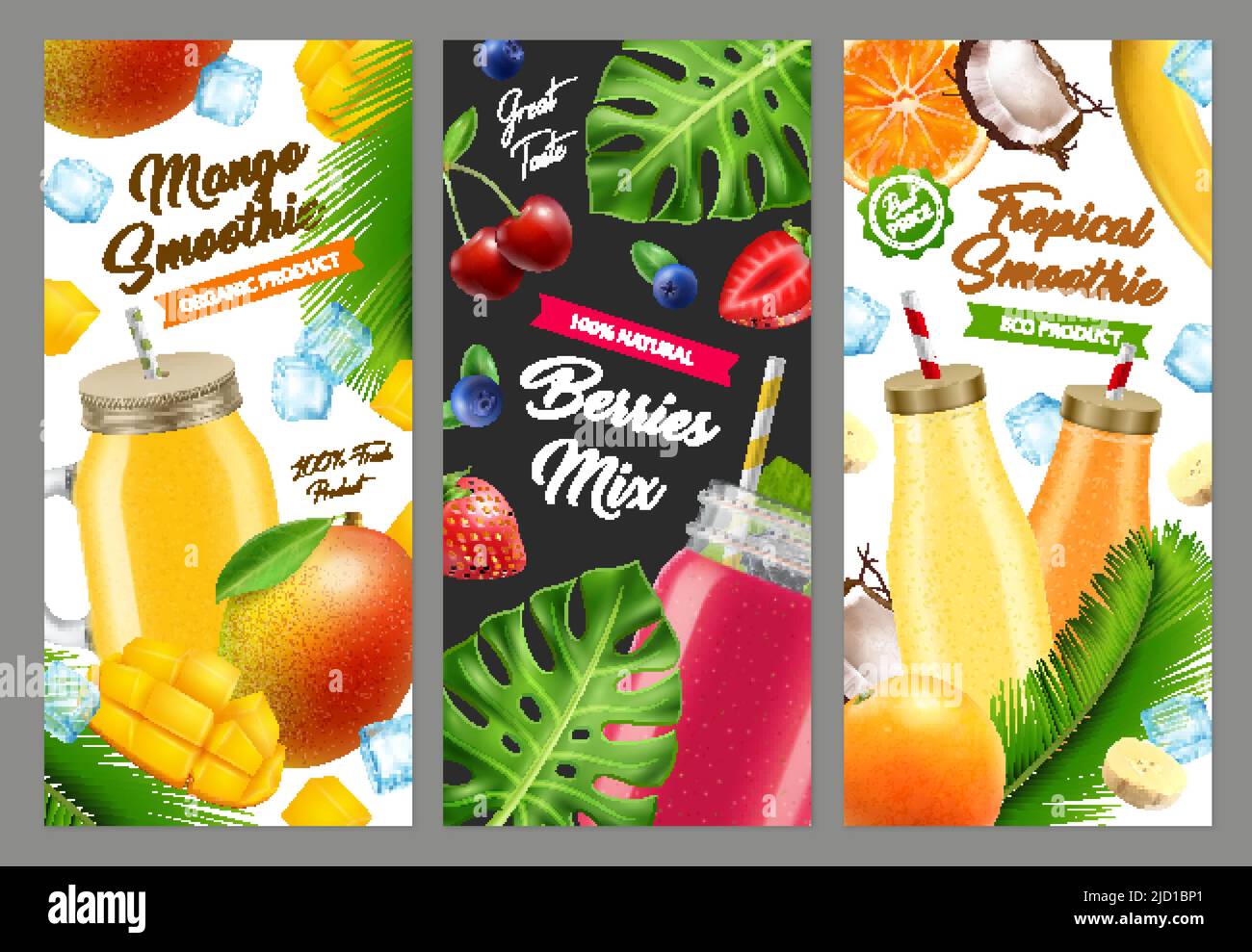Realistic jar cocktail smoothie banners set of three vertical ...