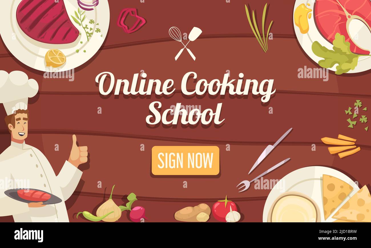 Chef online school poster with cooking workshop symbols flat vector ...