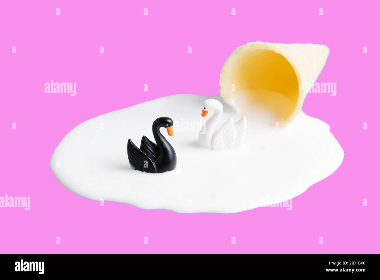 Two swans swimming in a melted ice cream puddle isolated on pink ...