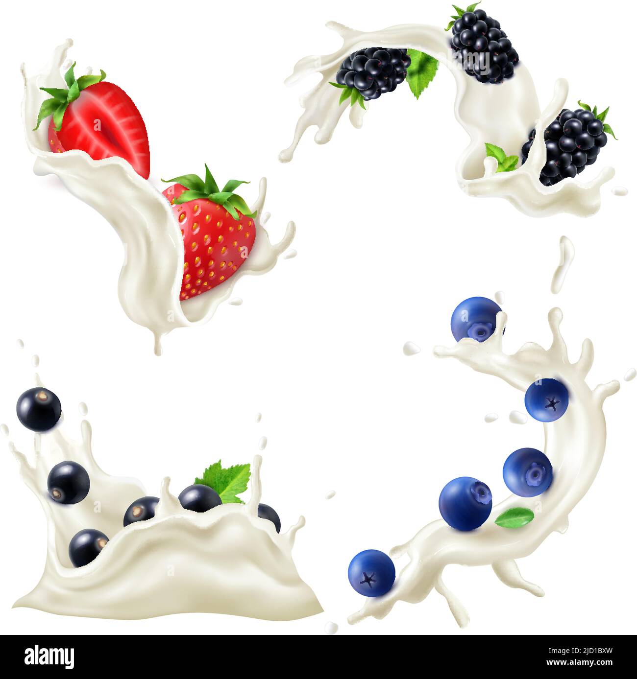 Milk yogurt splash realistic set with berries isolated vector ...