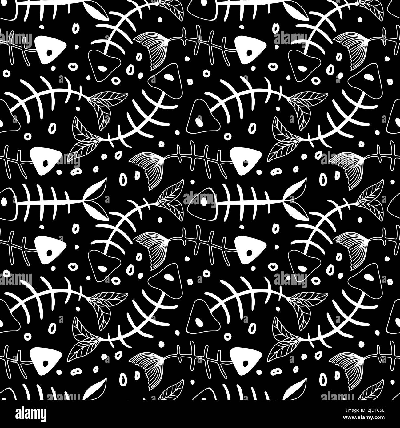 Seamless fish skeleton pattern, hand-drawn elements in doodle style ...