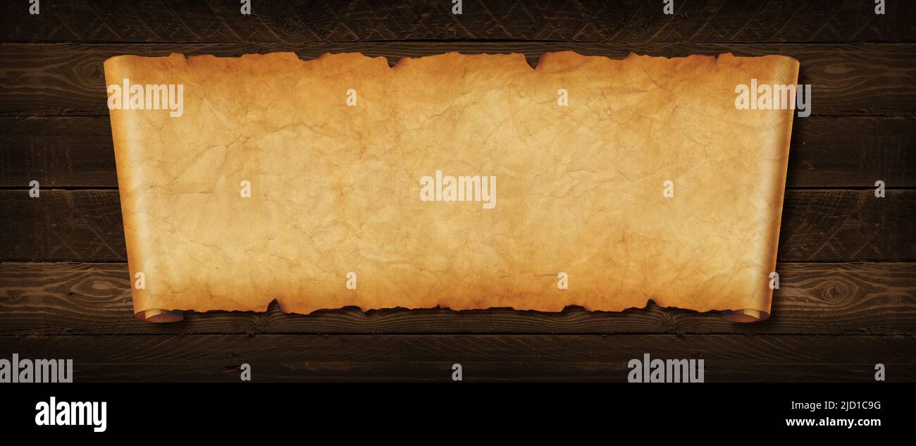 Old paper horizontal banner. Parchment scroll on a wood board ...