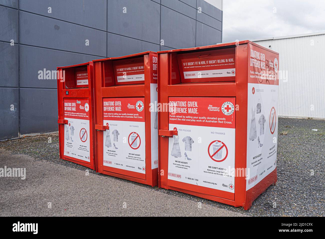 16 June 2022: Donation boxes at an Australian Red Cross charity shop in ...
