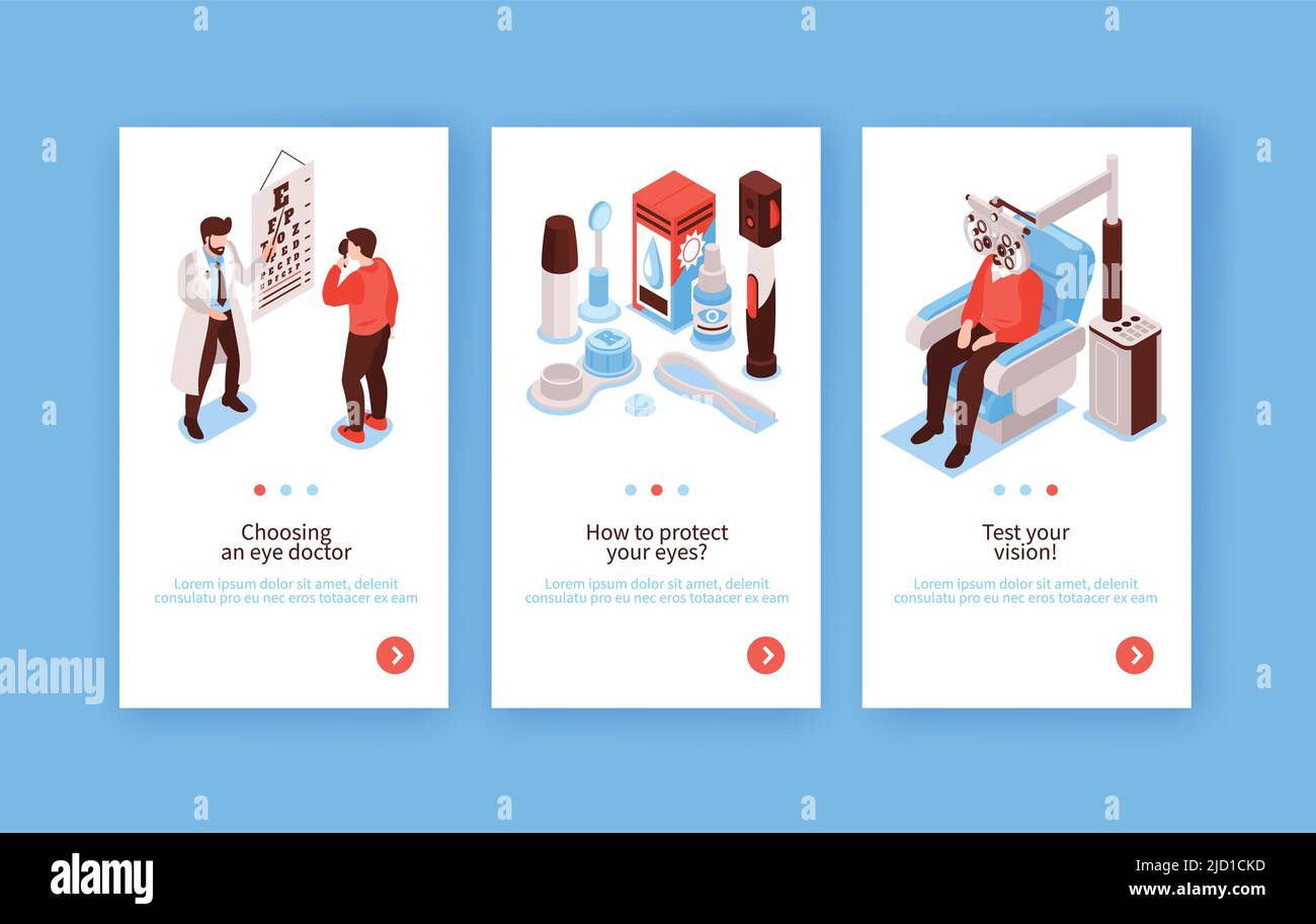 Set of three isometric ophtalmology vertical banners with images of ...