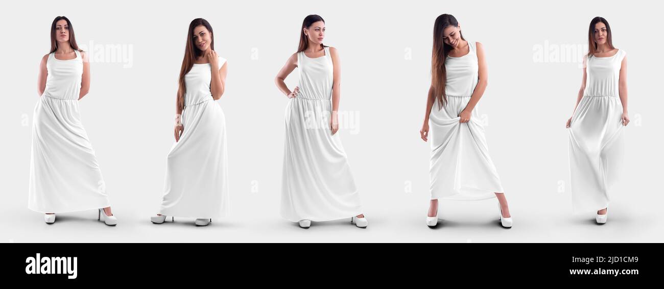 Mockup of a white empty dress on a girl in heels, a posing model in a ...