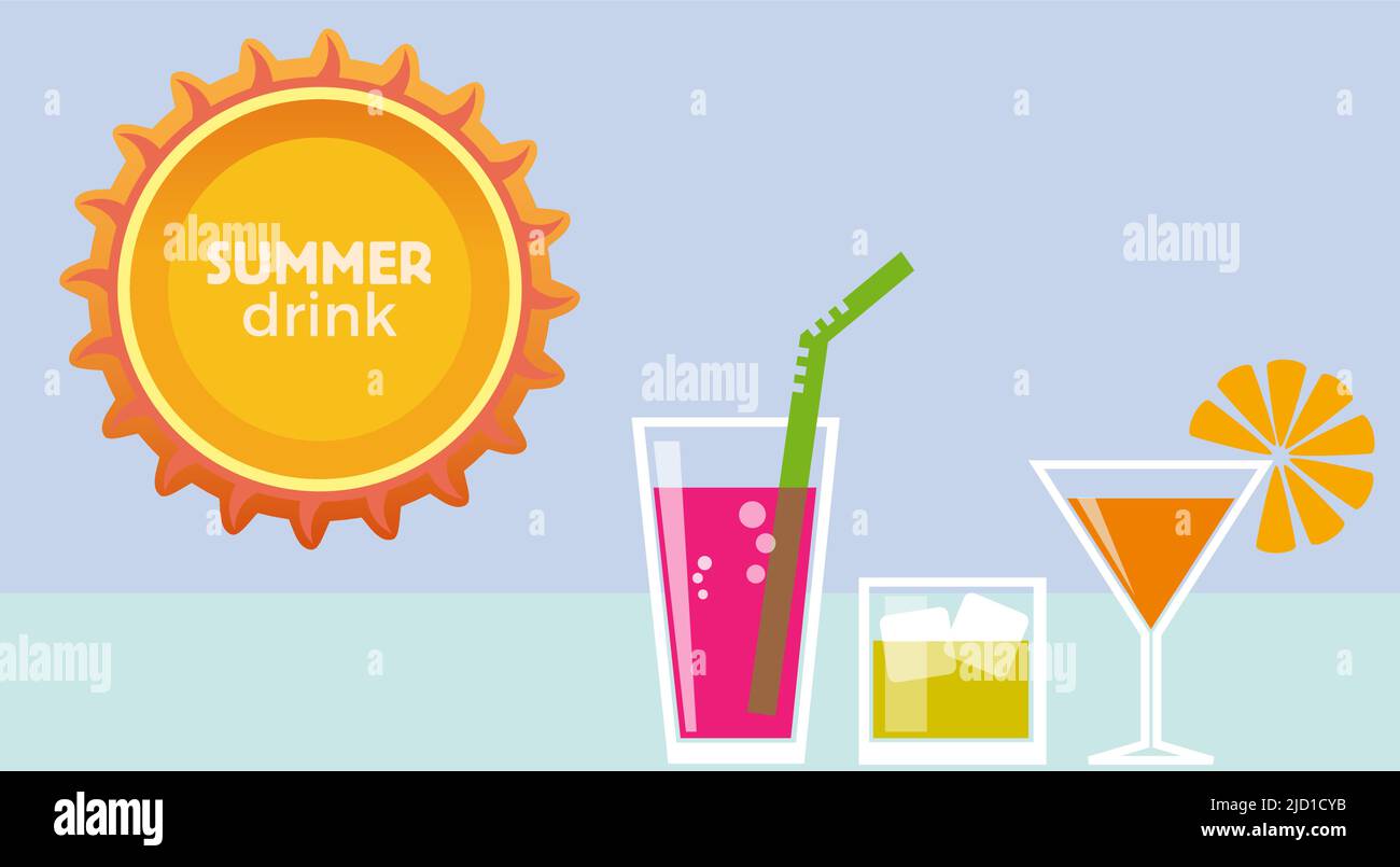 Summer drink , bottle cap and sun on vector scratched background ...