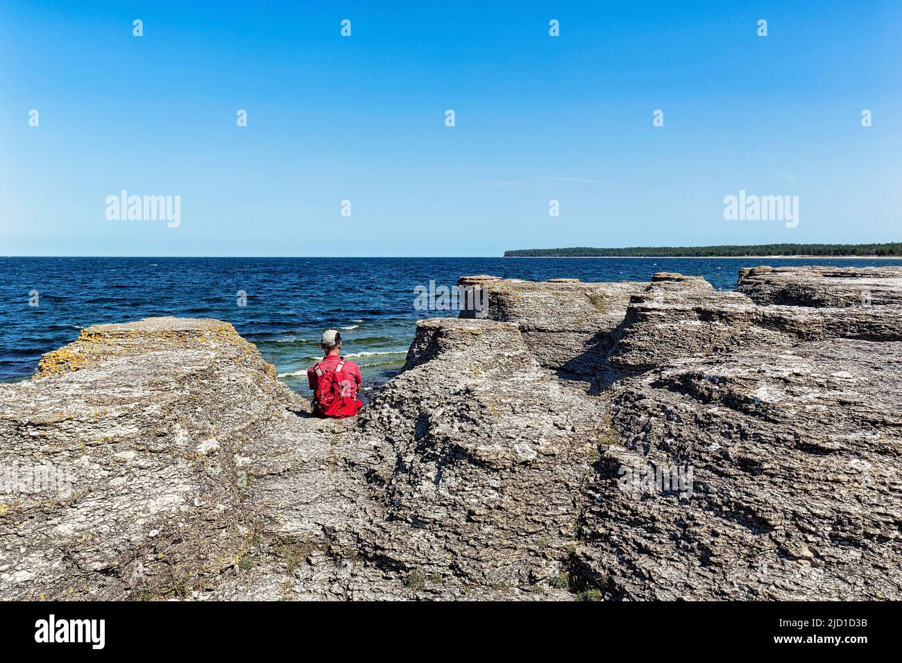 Hiker sitting between limestone columns, looking at the sea, Raukar on ...